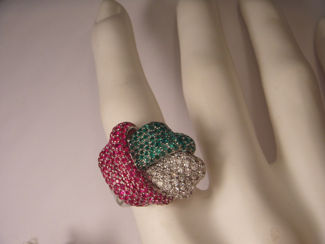 Gorgeous 18K White Gold Diamond Emerald Ruby Knot Band Ring - Etsy