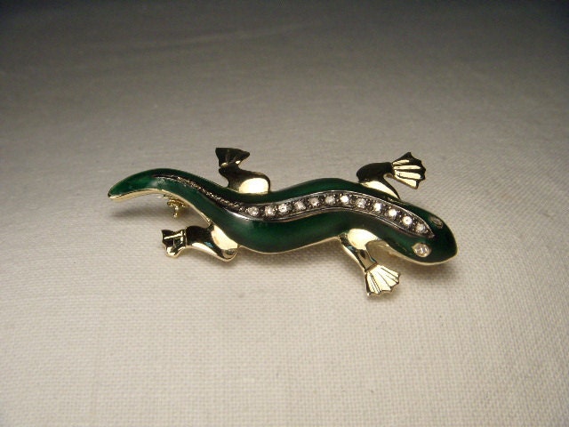 Gorgeous 14K Yellow Gold Diamond Enamel Lizard Gecko Pendant Brooch Pin ...