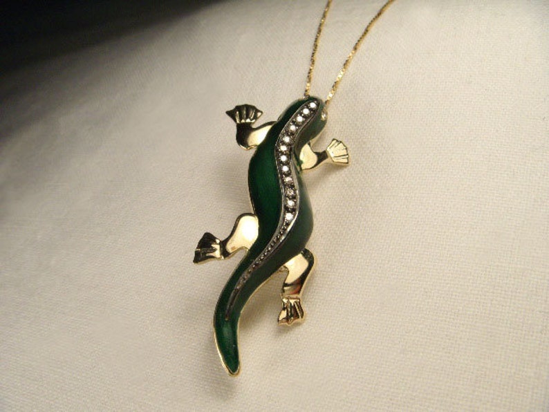 Gorgeous 14K Yellow Gold Diamond Enamel Lizard Gecko Pendant Brooch Pin ...
