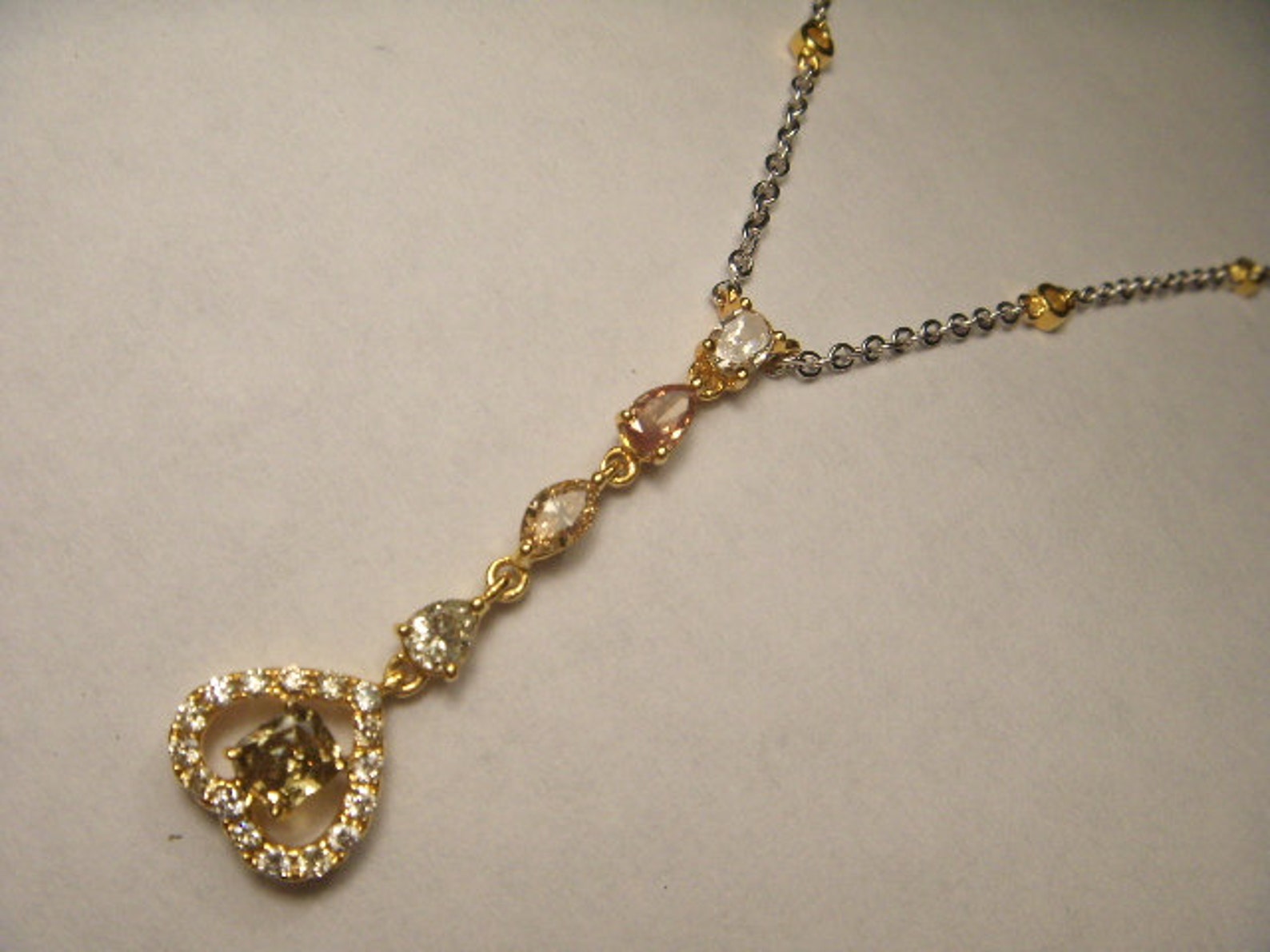 14K 2-tone Gold Fancy Color Champagne Yellow Diamonds Heart Station ...