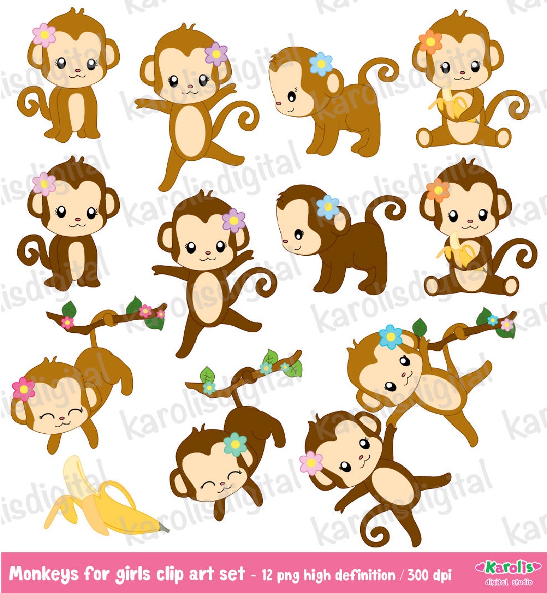Cute Monkeys for Girls Digital Clip Art Set Personal & - Etsy