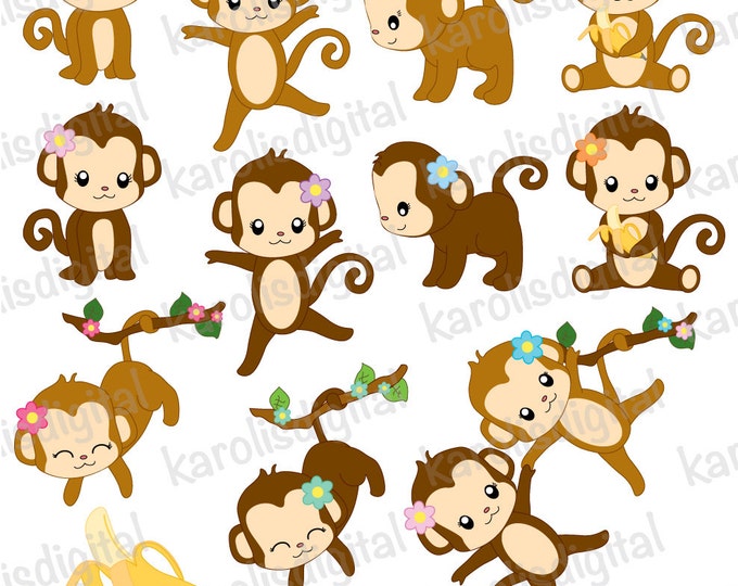 Cute Monkeys for Girls Digital Clip Art Set Personal & Commercial Use ...