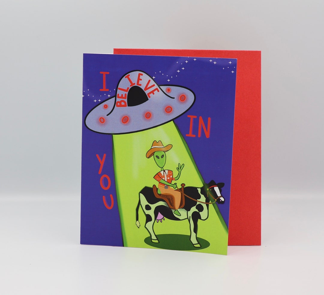 I Believe in You! Good Luck Alien Cowboy and Cow Cute Blank Card - Etsy