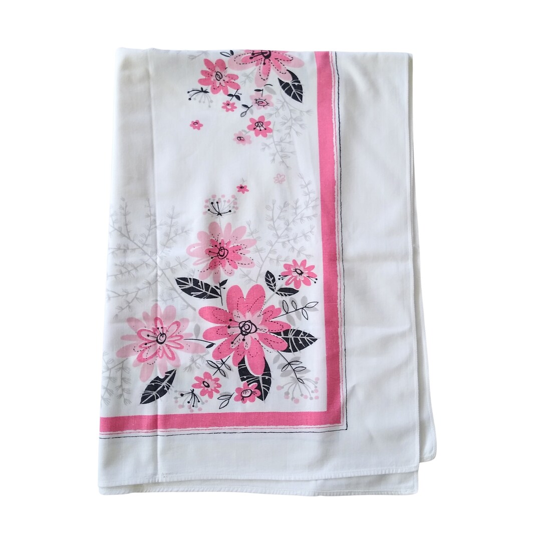 Pink & White Vintage Tablecloth With Pink and Black Atomic Floral ...