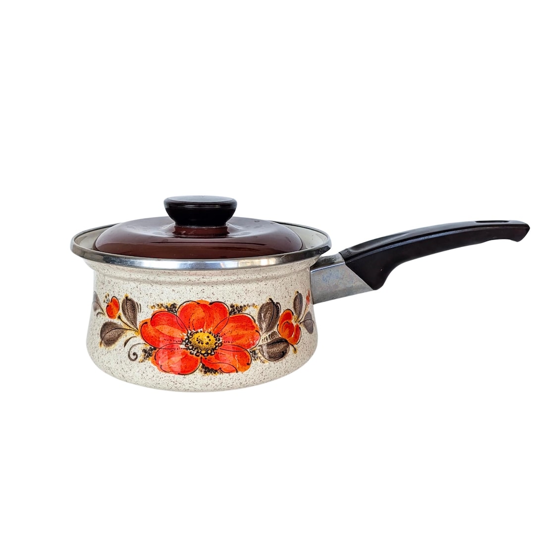 Vintage Sanko Enamelware Show Pan Covered Saucepan With Orange Flowers ...