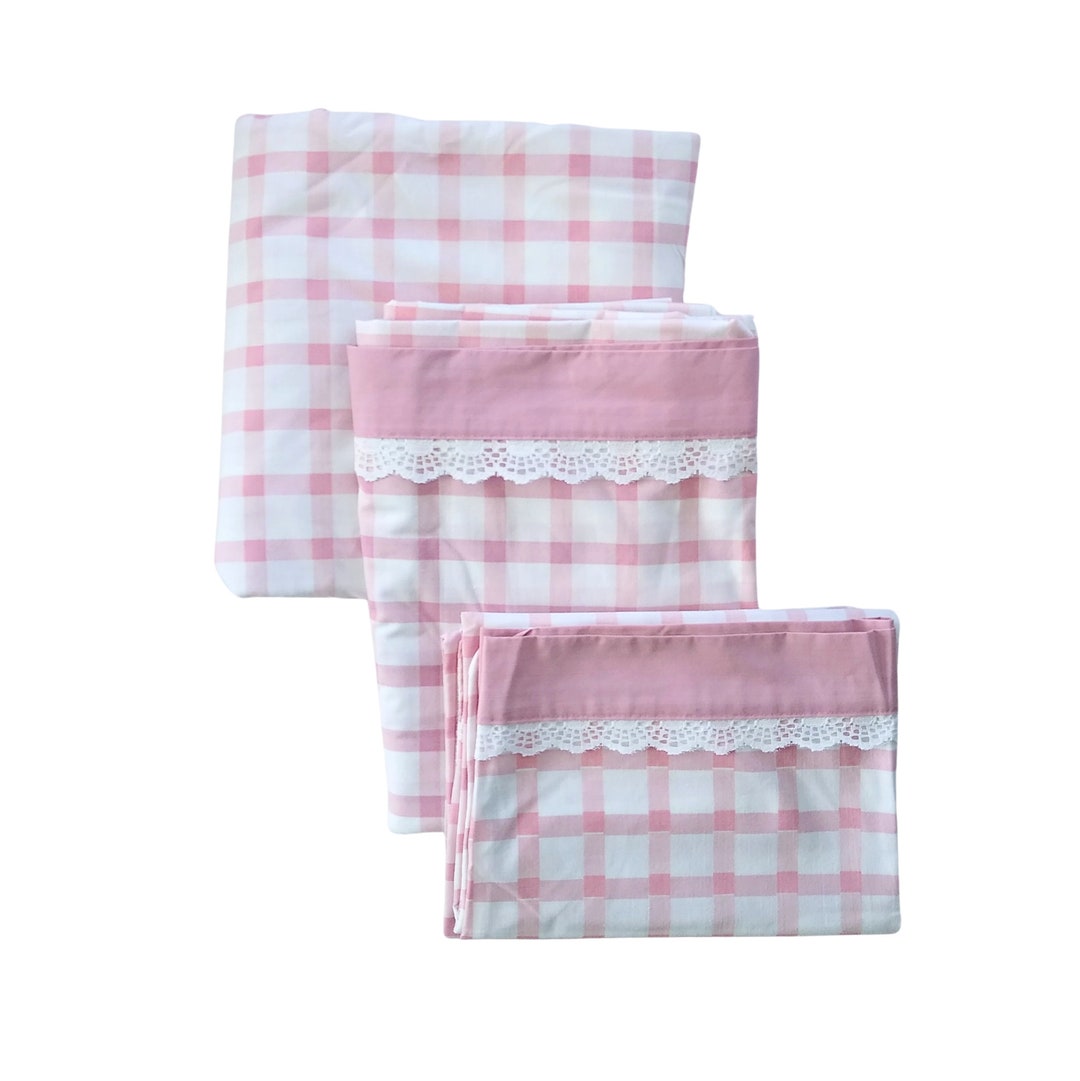 Cannon Cute Pink & White Gingham Vintage Twin Sheet Set With Eyelet Trim - Etsy