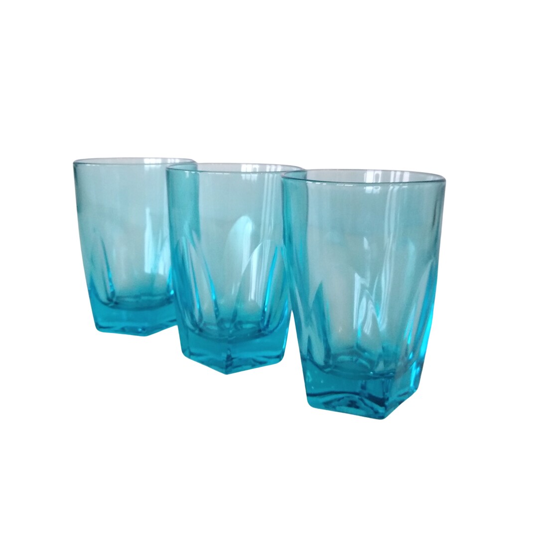 Vintage Set of 3 Hazel Atlas Vivid Capri Blue Glasses Colonial Pattern ...