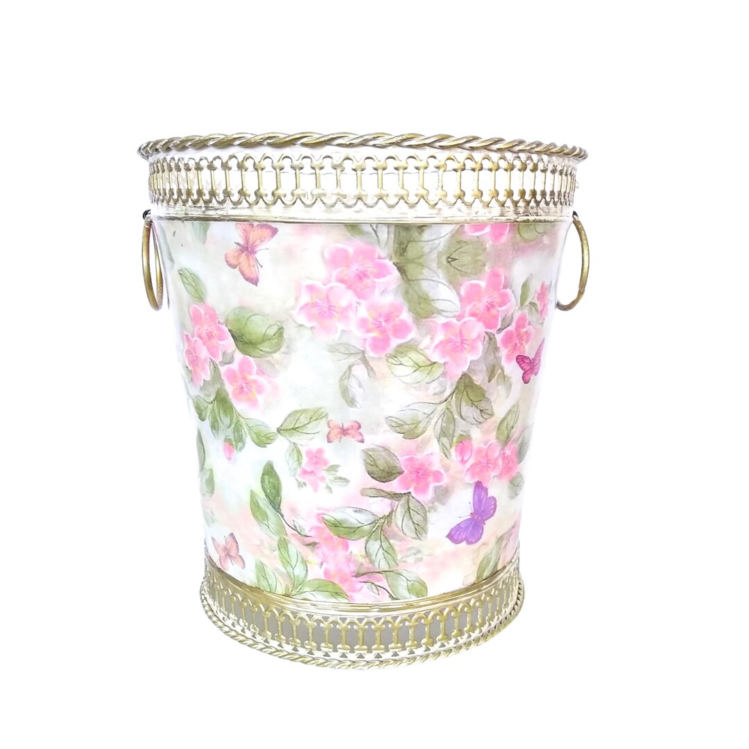 Retro Floral Wastebasket Hollywood Regency Vintage Trash Can With Pink ...