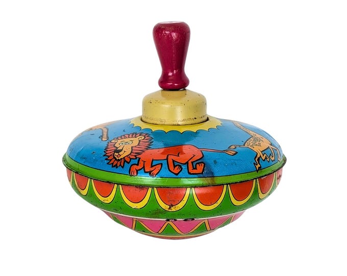1950s Vintage Tin Ohio Art Spinning Top With Circus Animals - Push Spin ...
