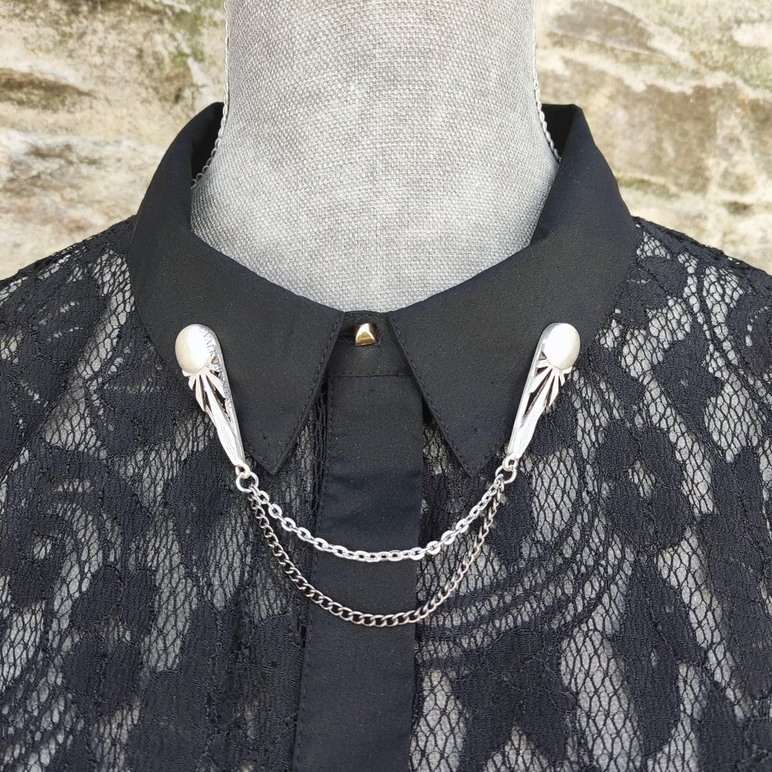 Sun Rays Collar Pins, Art Deco Brooch With Chain, Antique Silver Spike ...