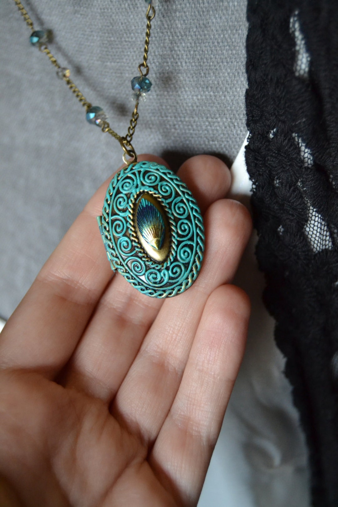 The Mermaid Locket Necklace, Turquoise Locket Necklace, Crystal Beaded ...