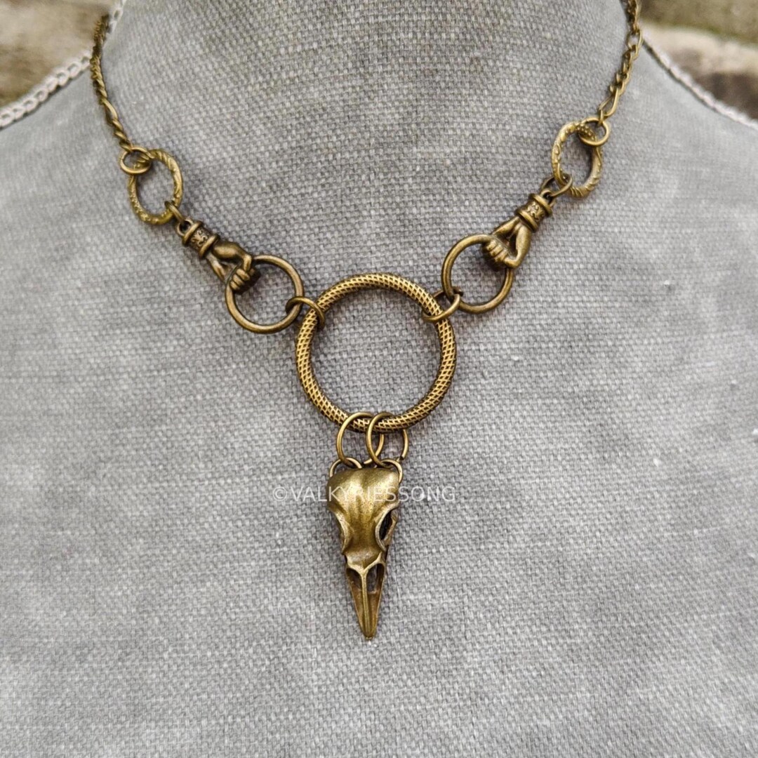 Bronze Raven Skull Necklace, O Ring Choker, Bird Head Necklace Gothic ...