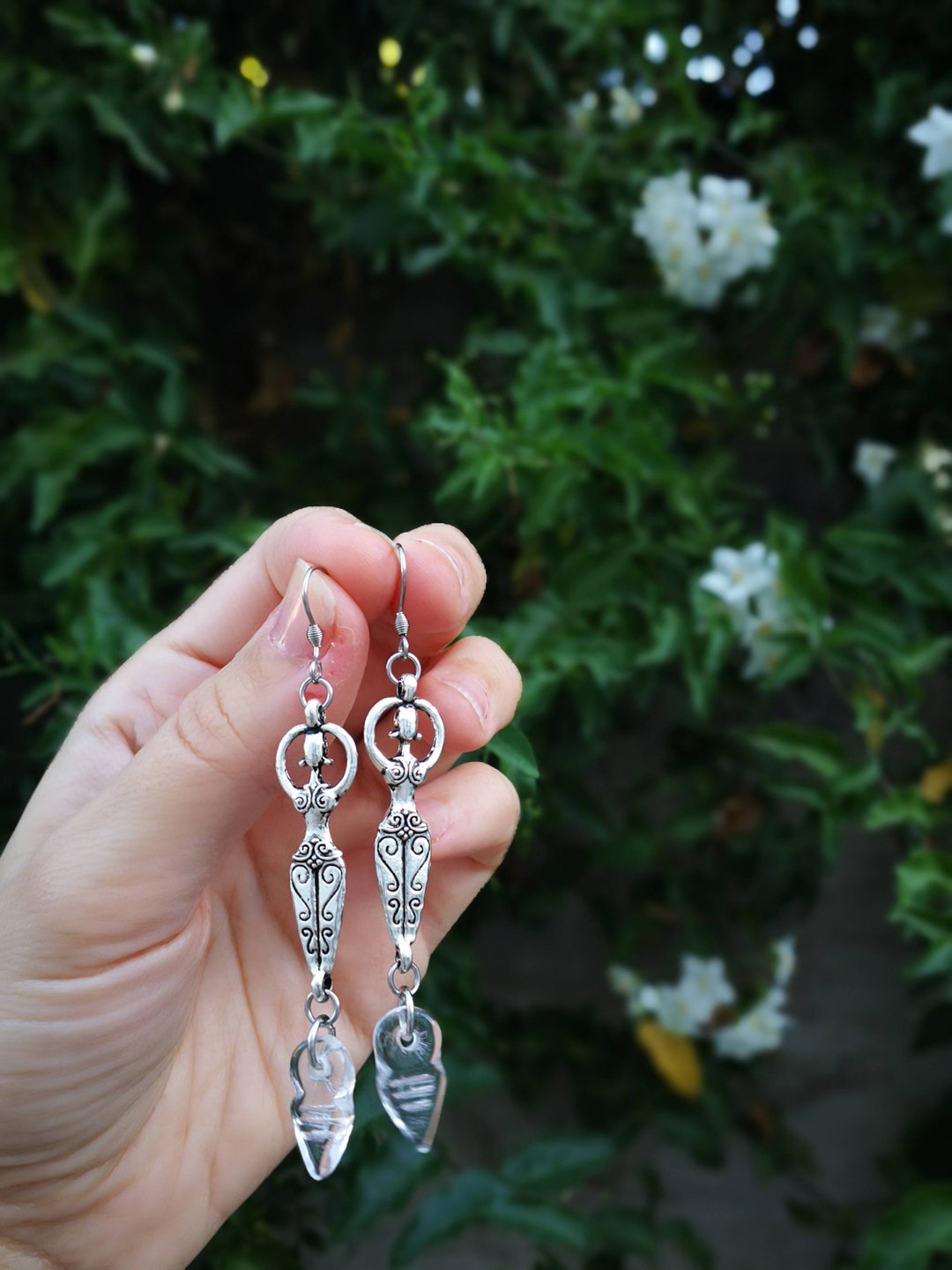 Sacred Feminine Goddess Earrings With Clear Crystal Arrows, Silver ...