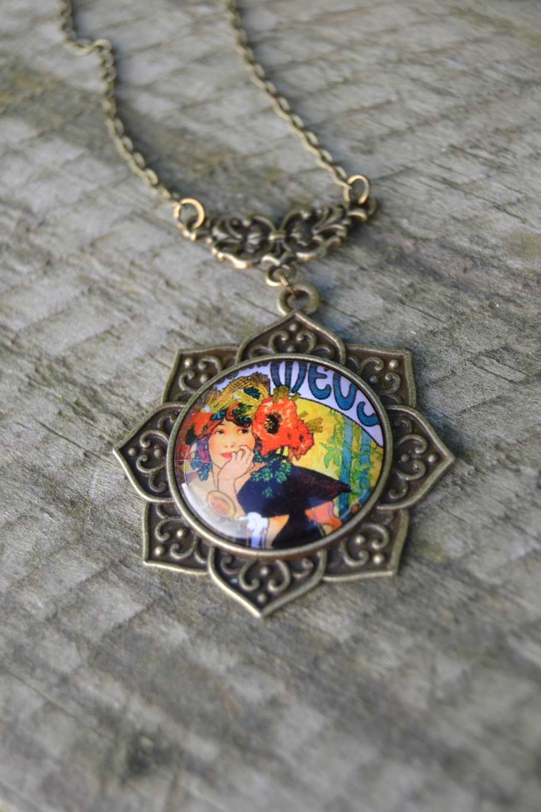 Alphonse Mucha Necklace, Short Bronze Art Nouveau Cameo Necklace, Mucha ...