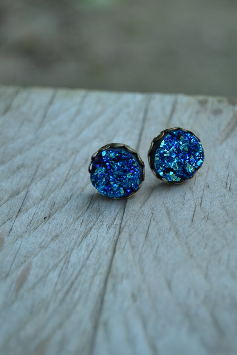 Blue Druzy Studs Royal Blue Druzy Earrings Resin Peacock Blue | Etsy