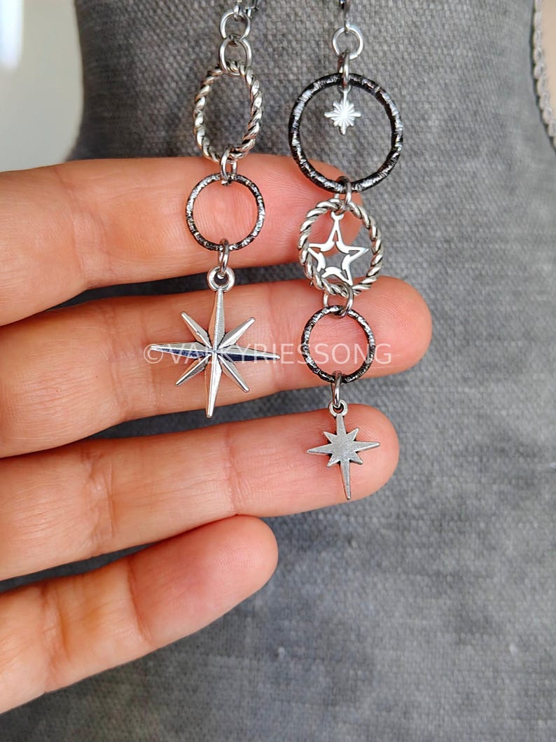 Mismatch North Star Earrings, Long Mixed Metal Steel Celestial Earrings ...