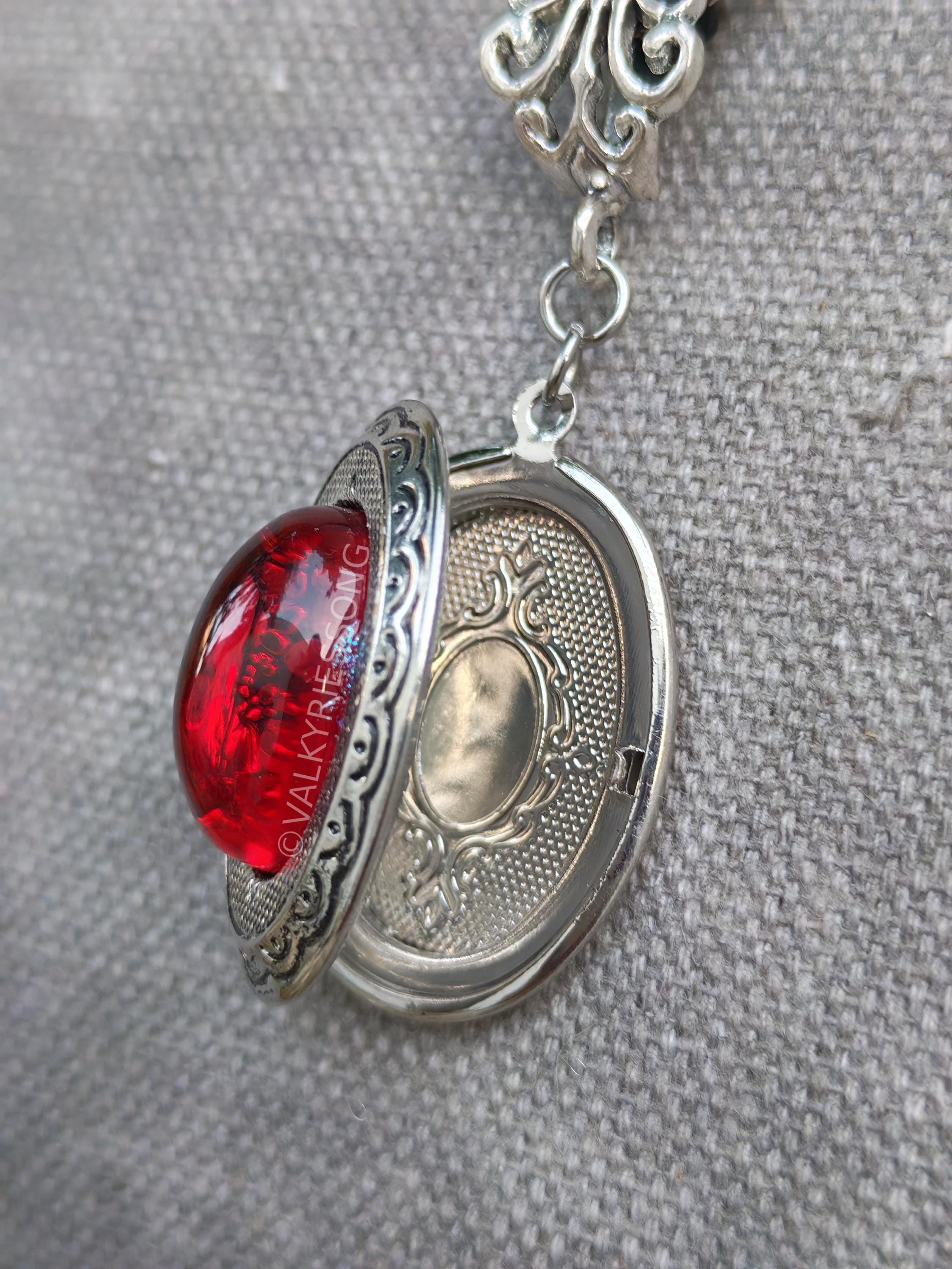Silver Ruby Red Locket Necklace, Stainless Steel Black Crystal Beaded ...
