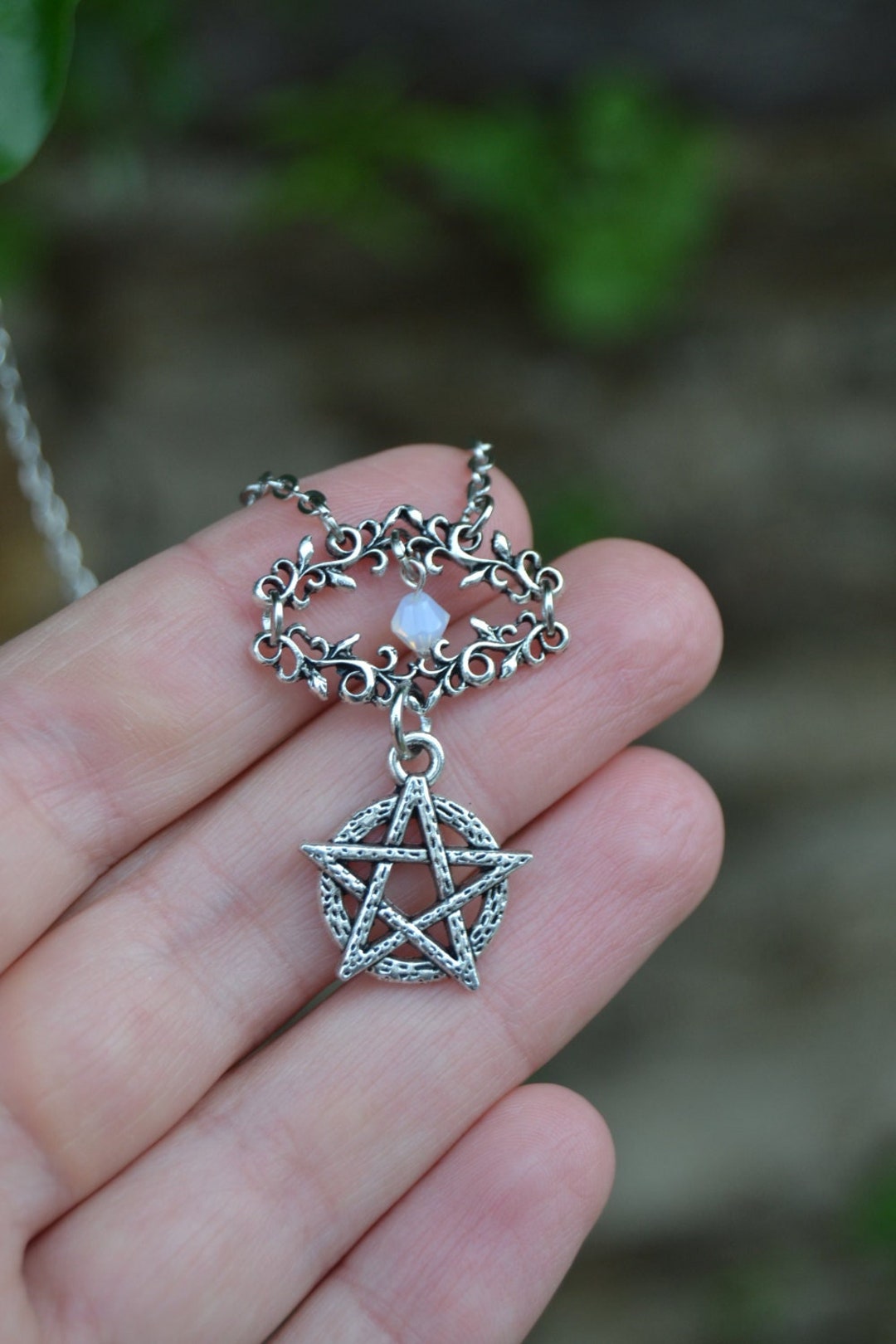 Wiccan Pentacle Necklace, Silver Aloy Steel Pagan Opal Crystal Nature ...
