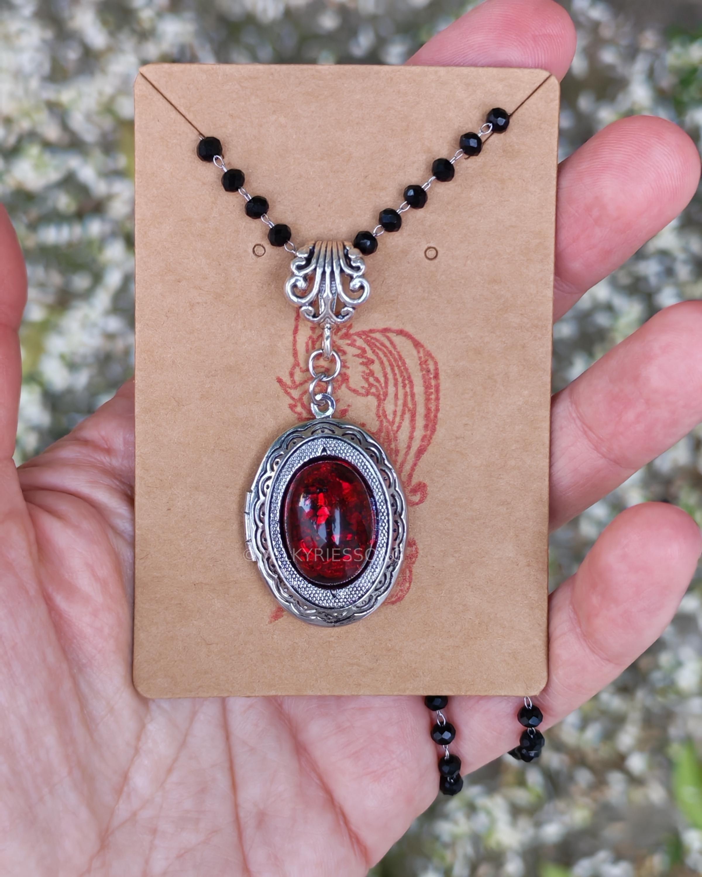 Silver Ruby Red Locket Necklace, Stainless Steel Black Crystal Beaded ...