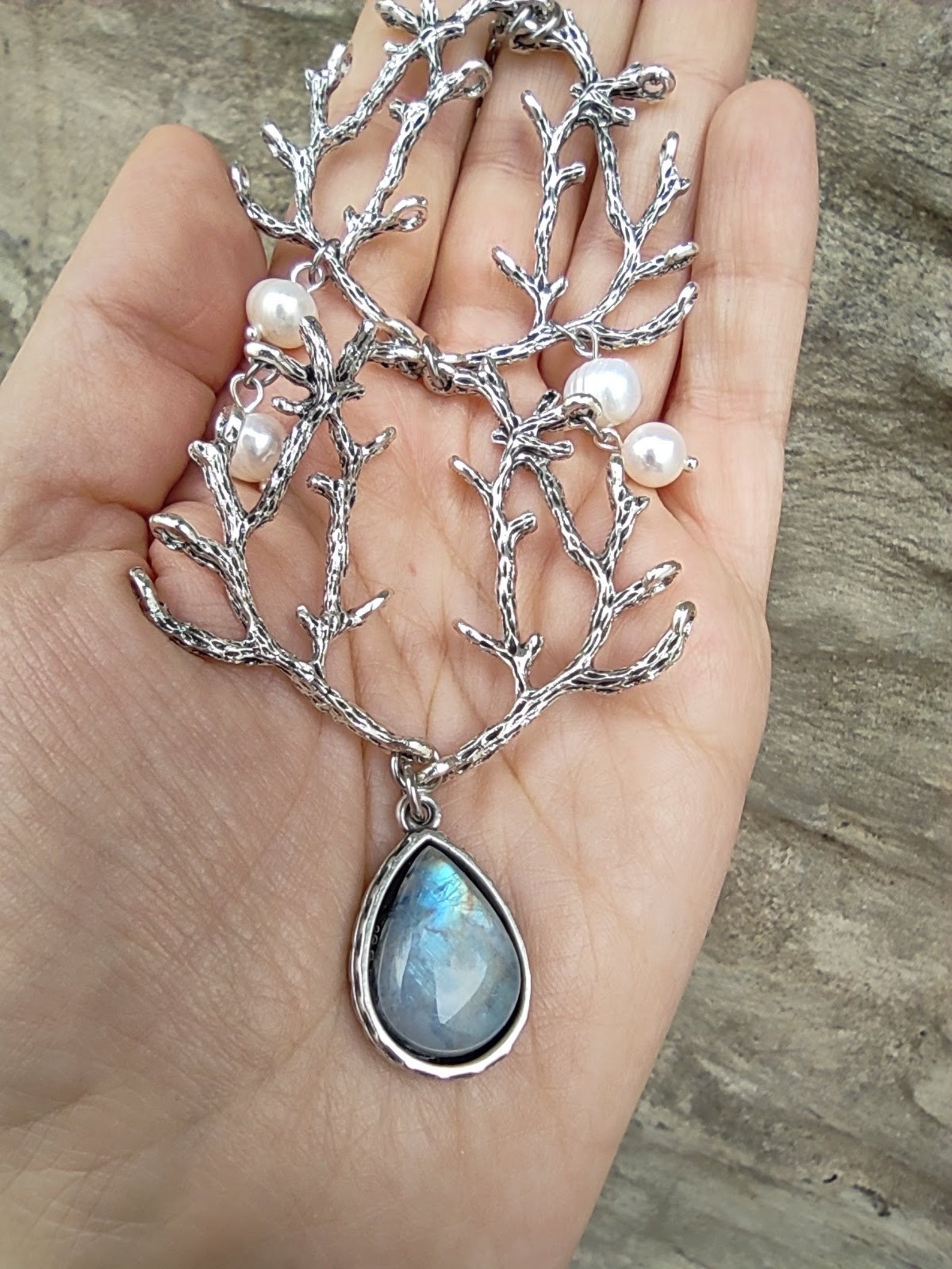 Magical Forest Twig Necklace Moonstone Necklace Silver - Etsy