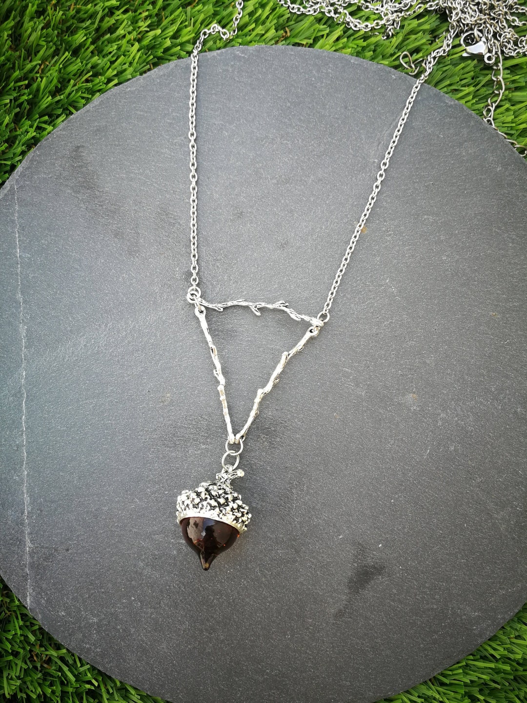 Long Acorn Necklace, Silver Branch Necklace, Rustic Glass Acorn Jewelry ...