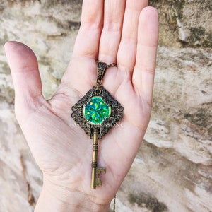 Green Jewel Key Necklace, Witches Key Necklace, Green Key Necklace ...