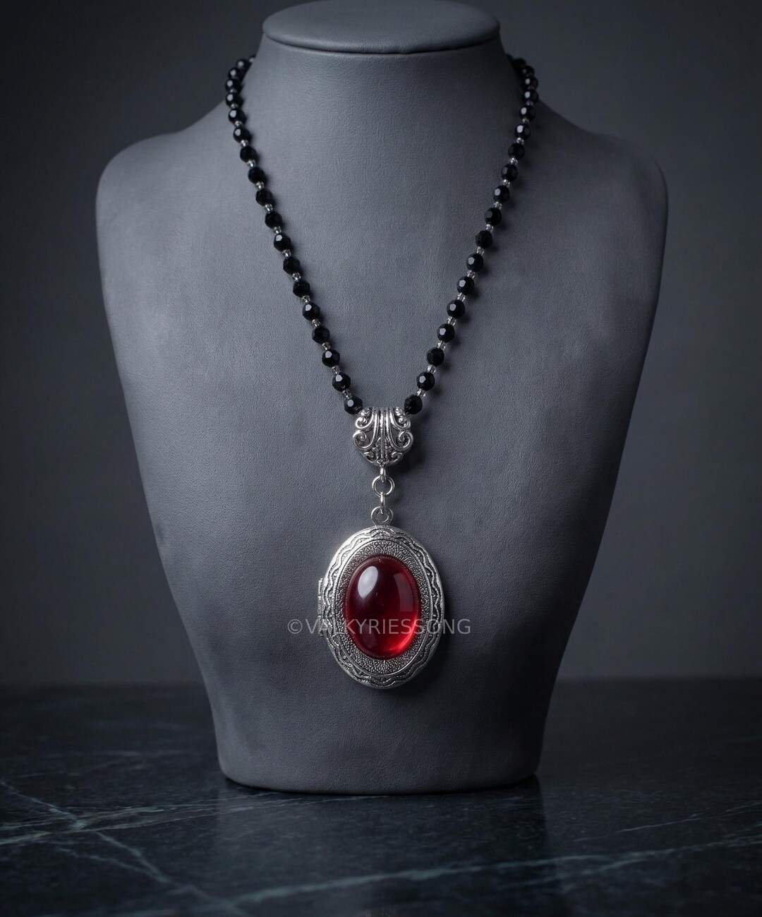 Silver Ruby Red Locket Necklace, Stainless Steel Black Crystal Beaded ...