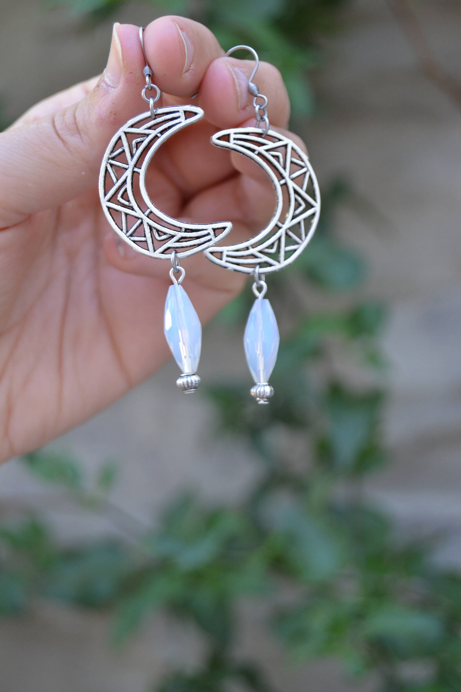 Large Moon Earrings, Silver Dangle Opalite Earrings, Cutout Crescent ...