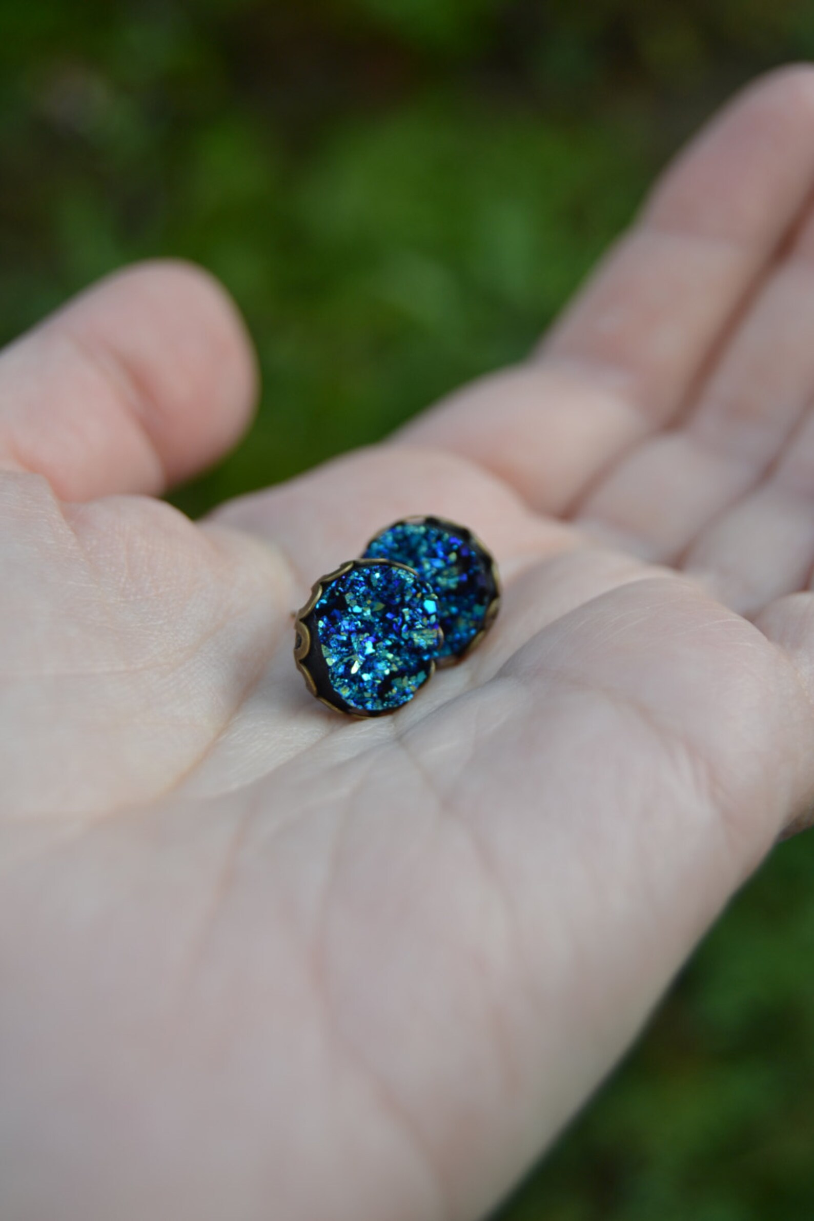Blue druzy studs royal blue druzy earrings resin peacock blue | Etsy