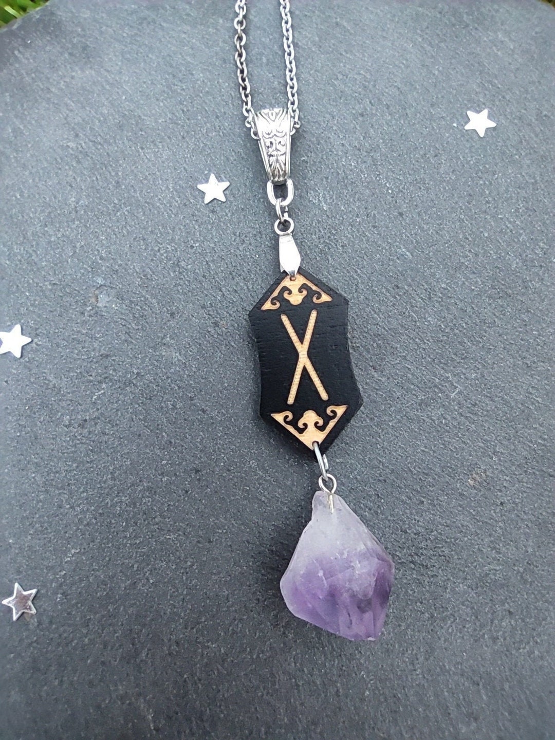 Collier rune Futhark Gyfu avec cristal daméthyste, pendentif rune ...