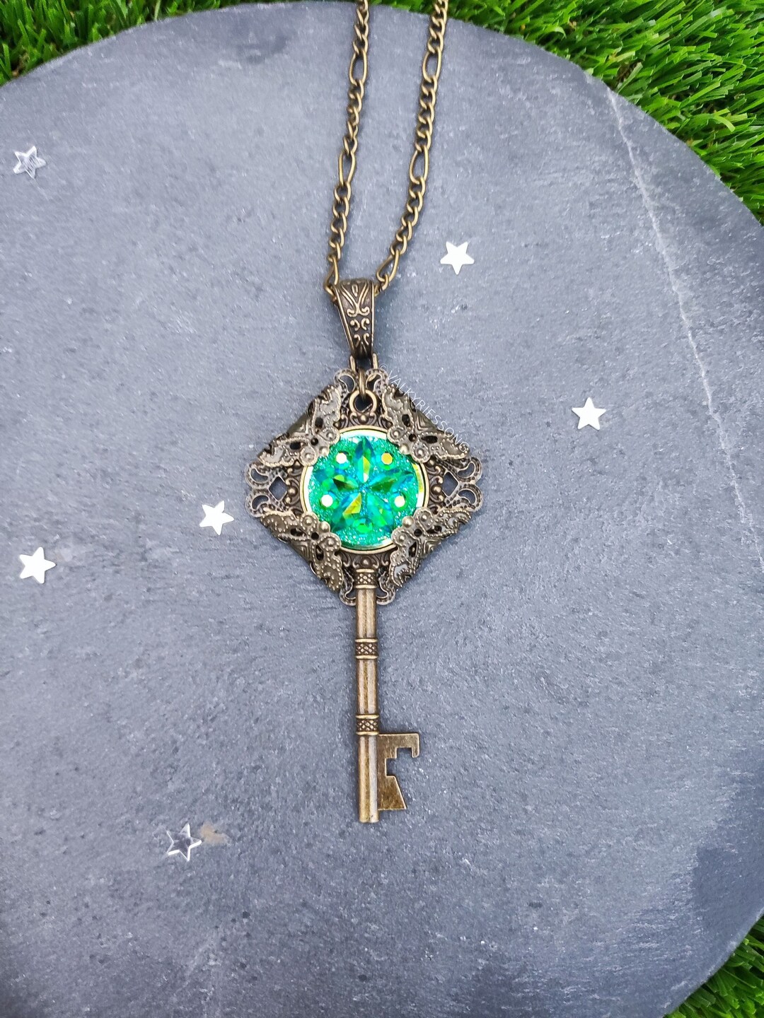 Green Jewel Key Necklace, Witches Key Necklace, Green Key Necklace ...