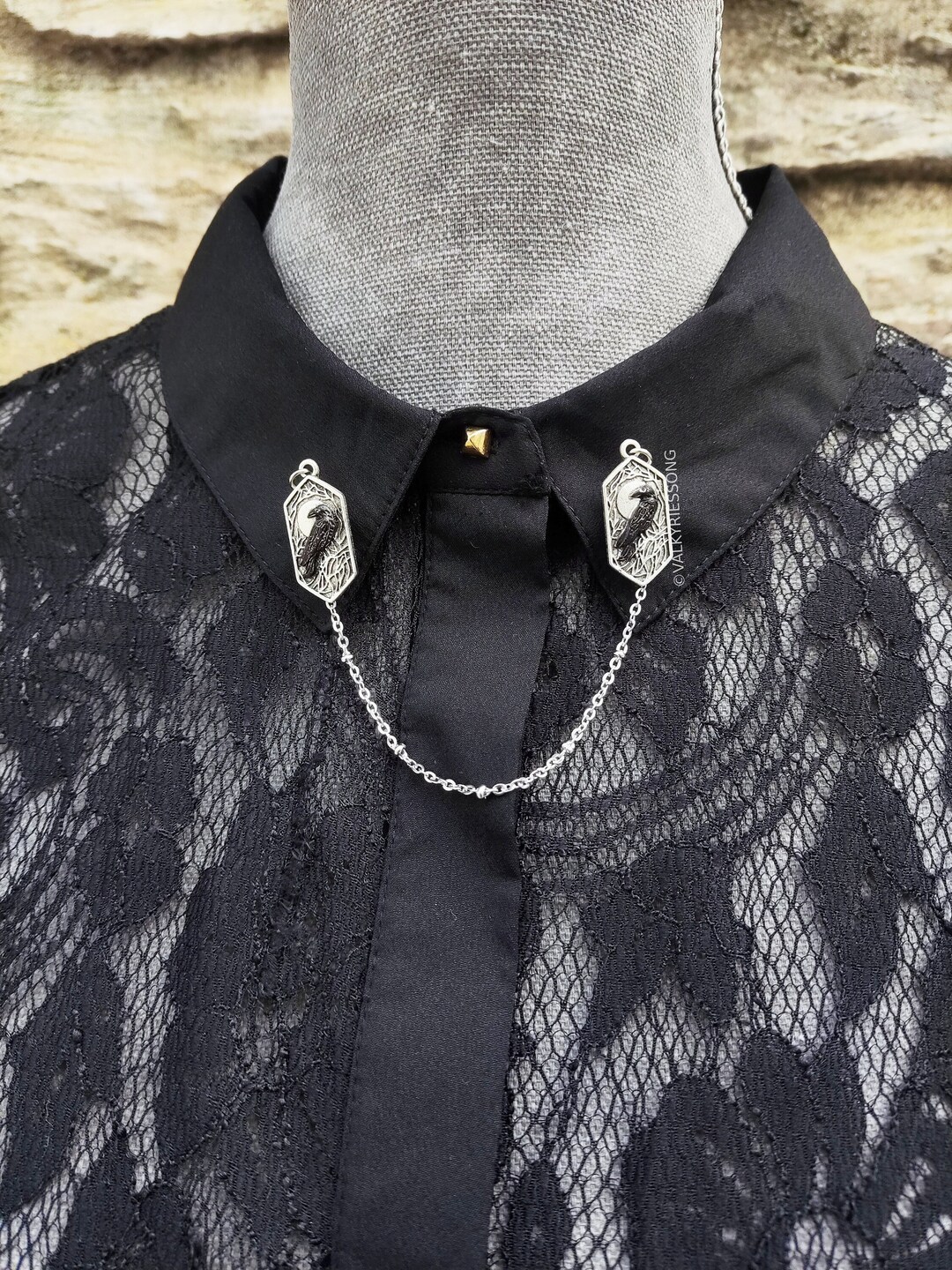 Black Raven Brooches With Chain, Antique Silver Bird Collar Pins ...