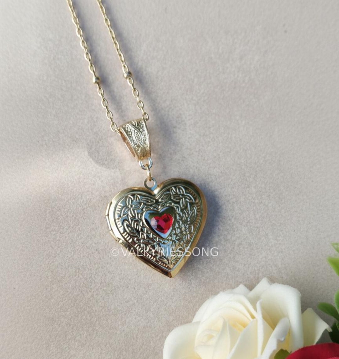 Red Crystal Heart Locket Necklace, Gold Stainless Steel Medallion - Etsy