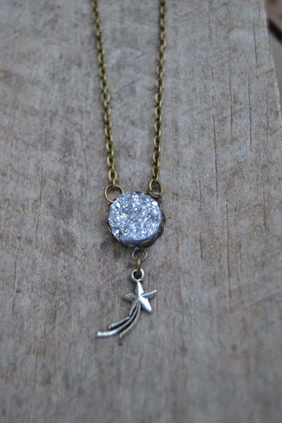 Shooting Star Necklace, Silver Druzy Necklace Wish Upon a Star Necklace ...