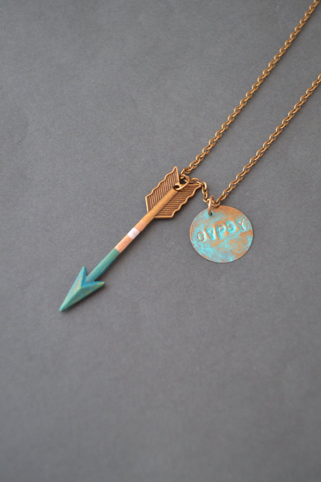 Boho Arrow Necklace, Brass Charm Hand Stamped Gypsy Necklace, Green ...