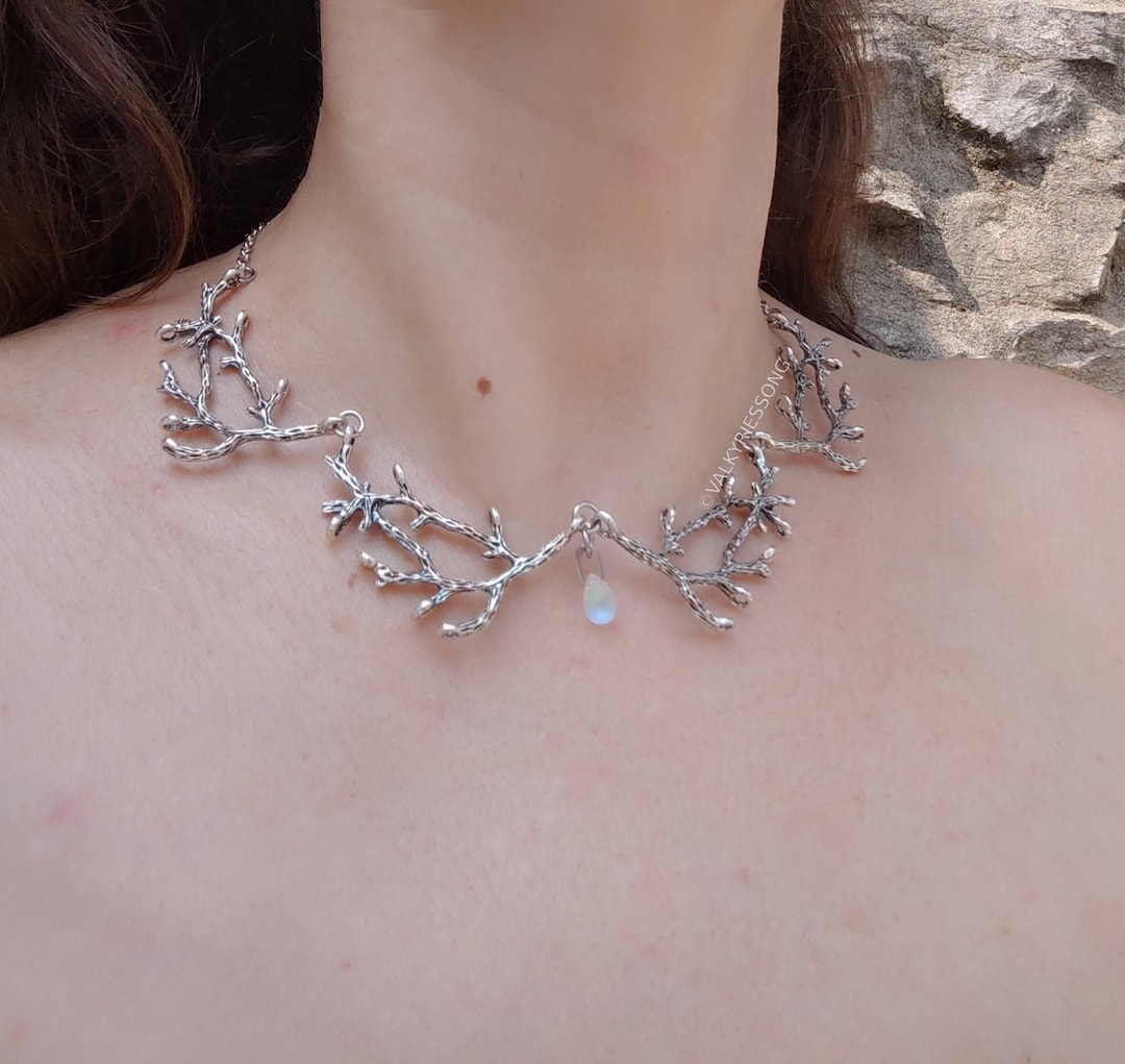 Magical Statement Silver Tree Branch Necklace With Opal, Dainty Glass ...