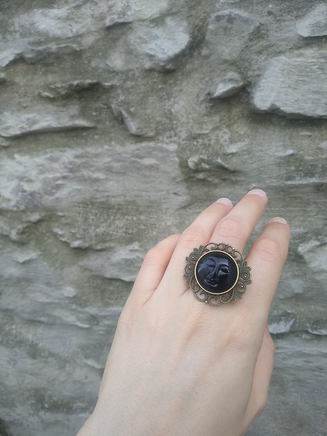 Moon Face Ring, Vintage Style, Bronze Witch Ring, Full Moon Ring, Black ...