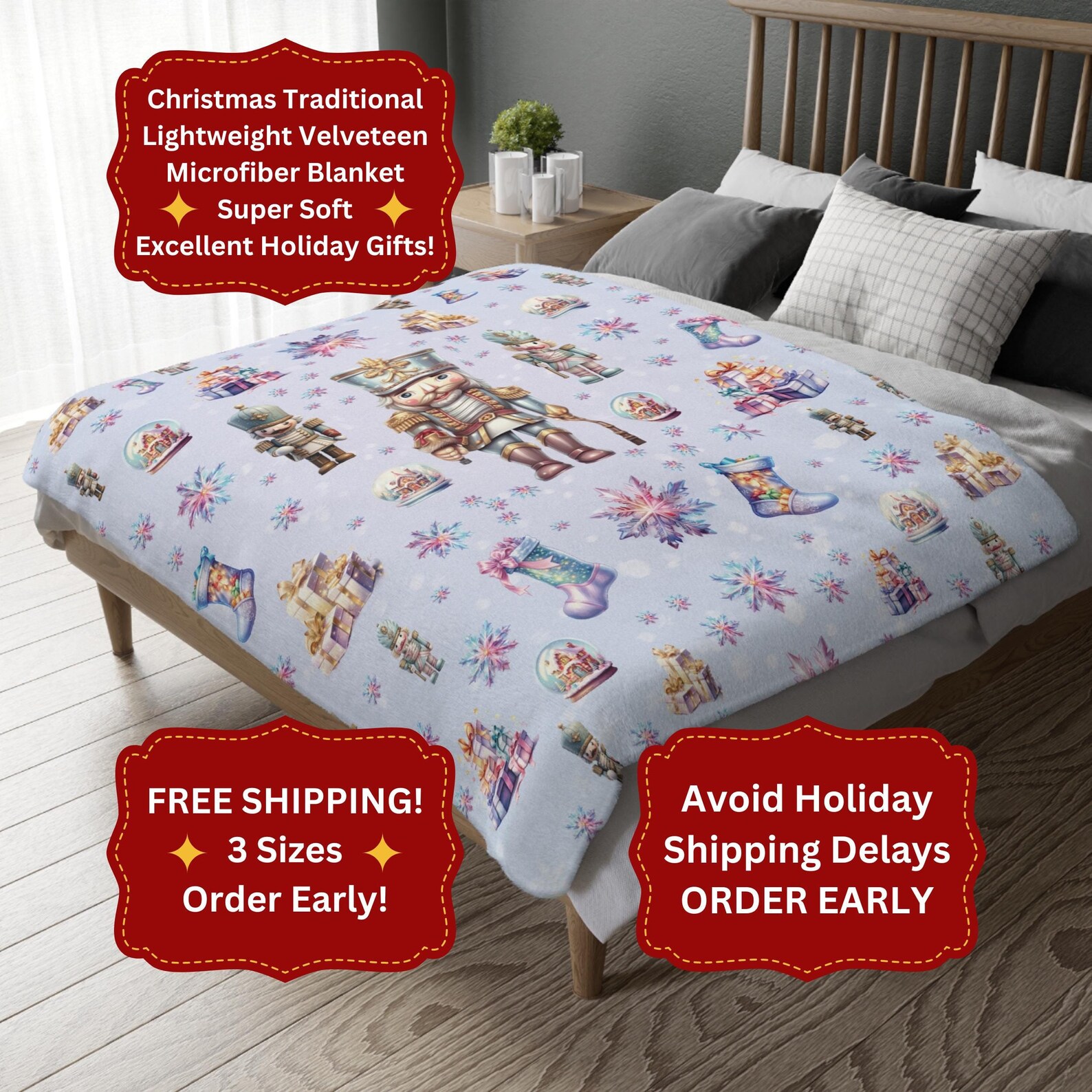 Soft Lightweight Velveteen Microfiber Blanket, 3 Sizes, Nutcracker ...