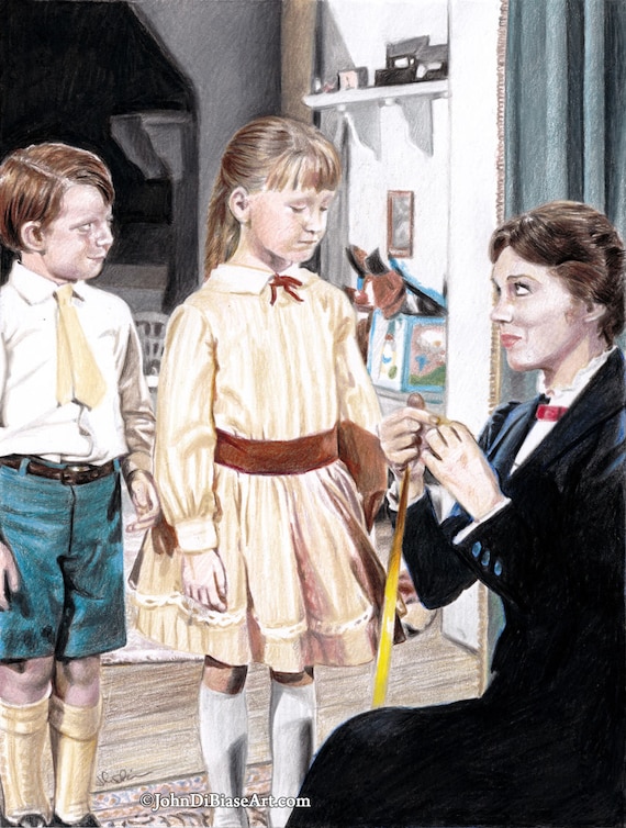 Mary Poppins With Jane and Michael Colored Pencil Drawing - Etsy