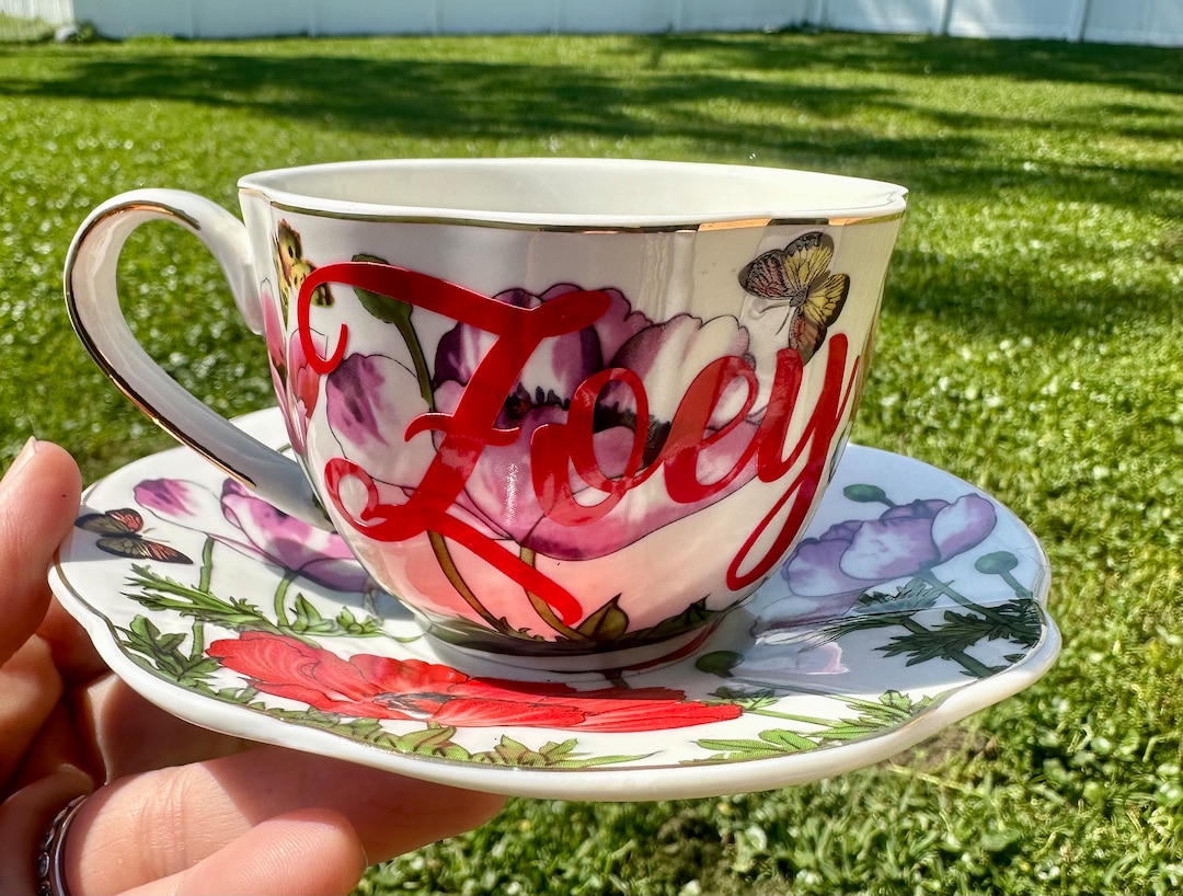 Poppy Floral Personalized Tea Cup and Saucer Set - Choose Name - Tea ...