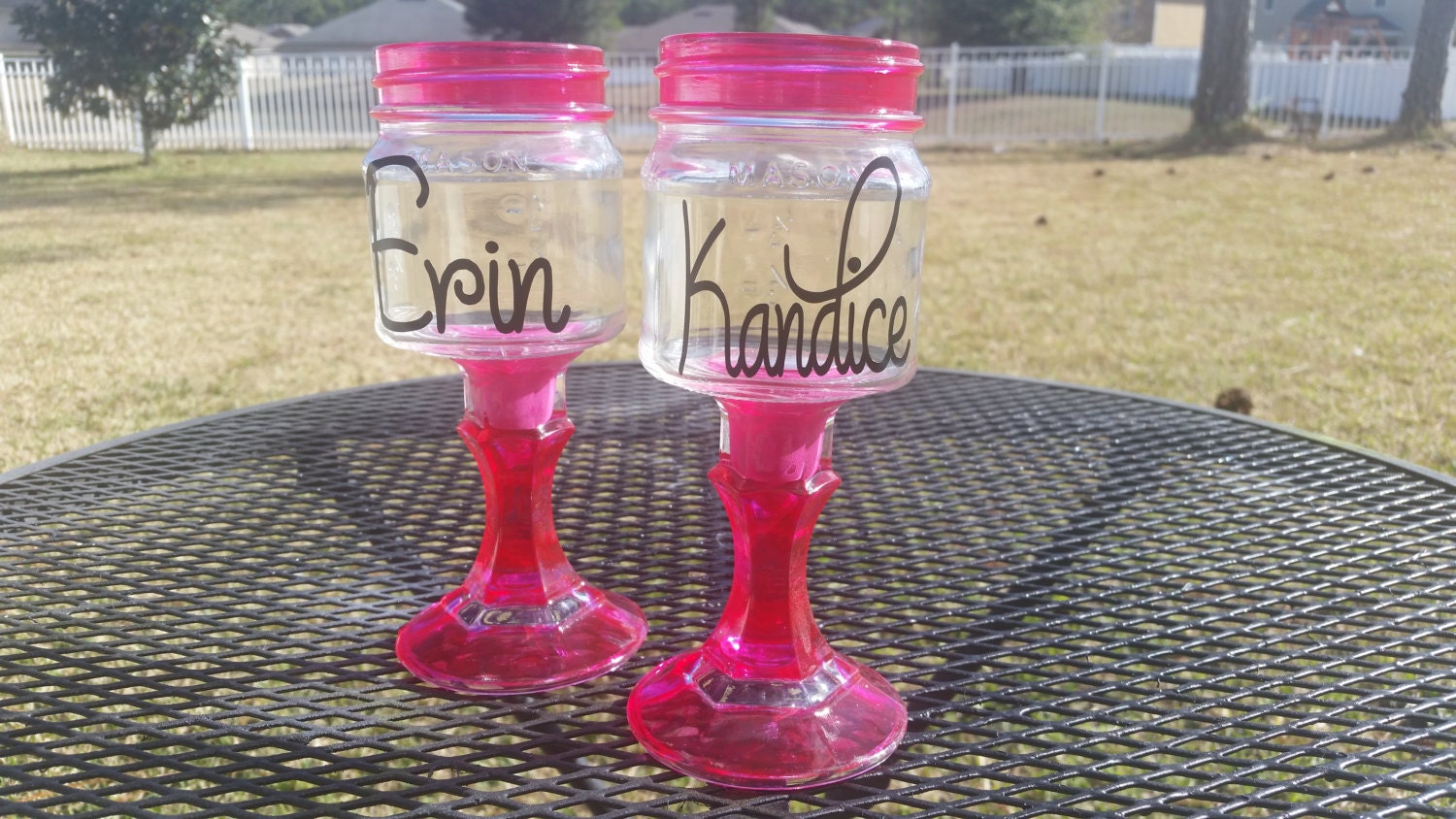 Personalized Mason Jar Wine Glass Colored Glass Hot Pink One Glass Weddings