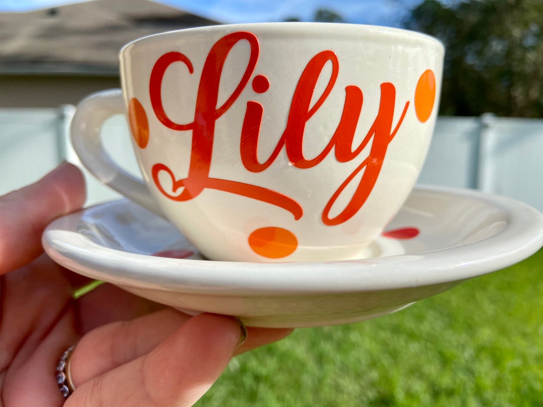 Personalized Tea Cup and Saucer Set - Custom Vinyl Lettering - Etsy
