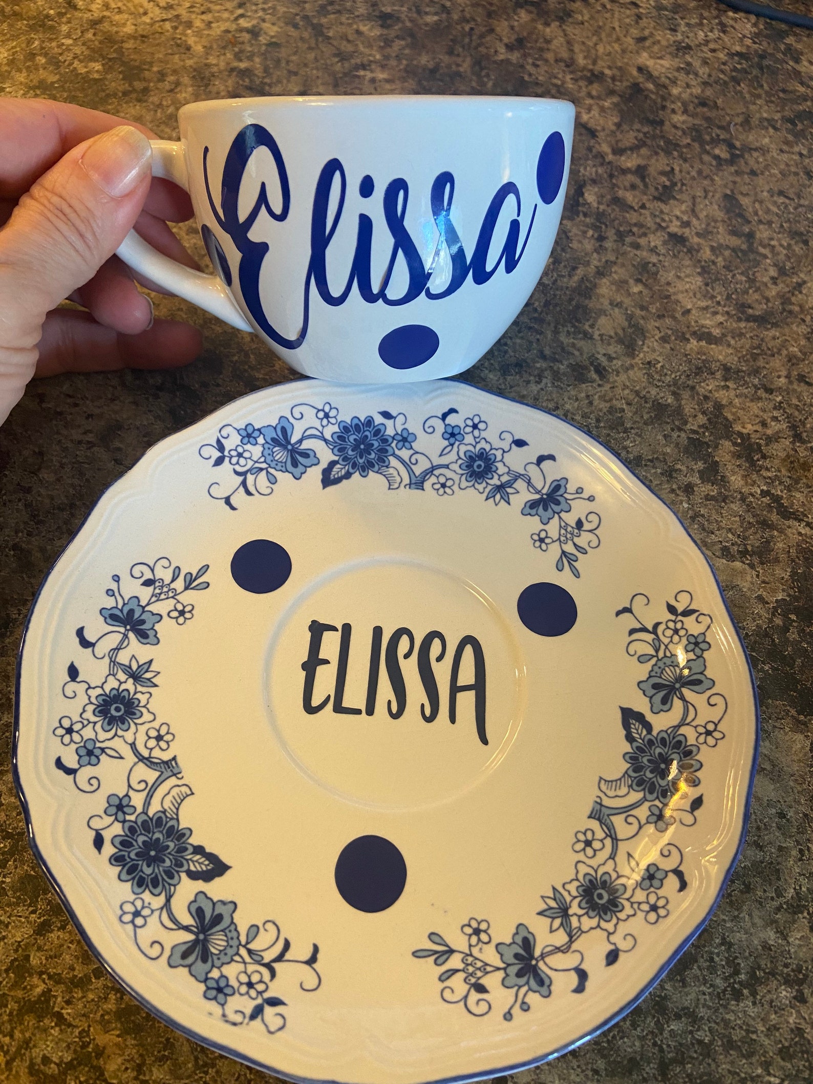 Personalized Tea Cup and Saucer Set - Blue Design With Flower Design ...
