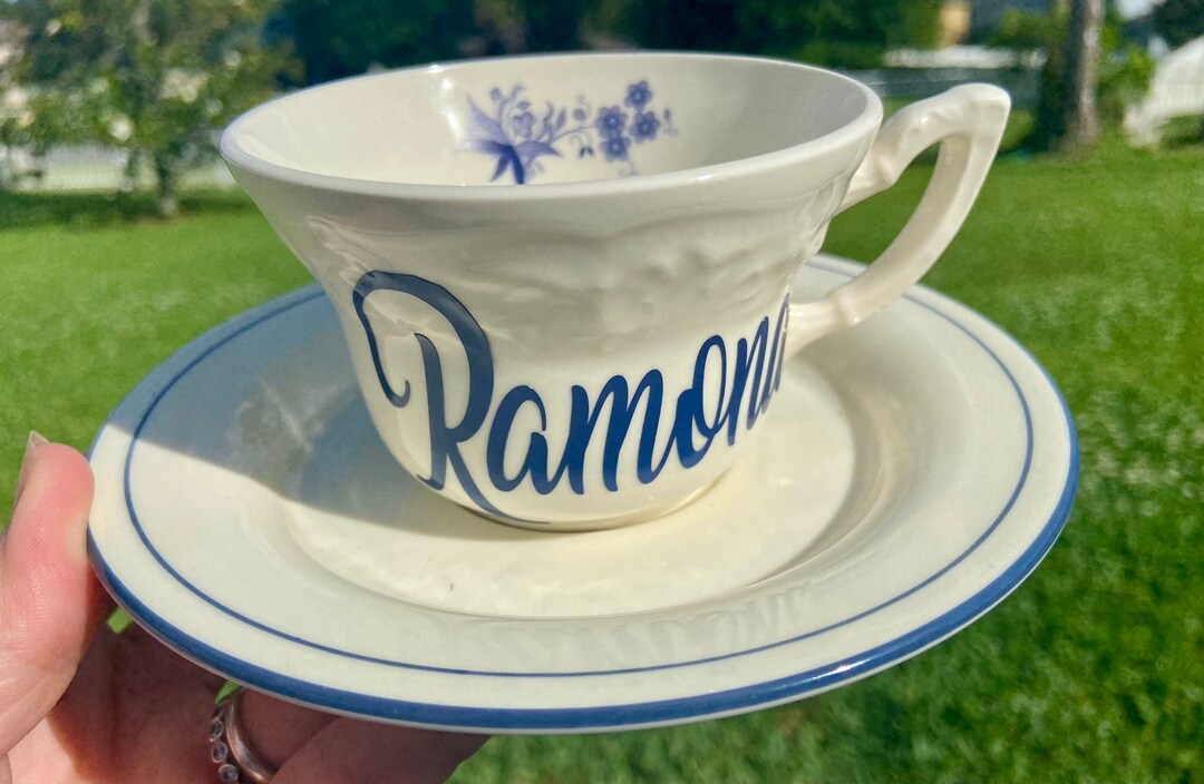 Cream Blue Flower Personalized Tea Cup and Saucer Set - Choose Name ...