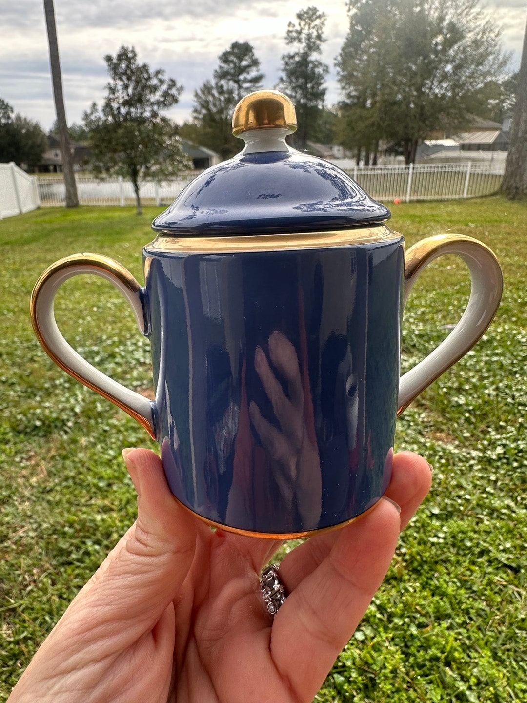 Fitz and Floyd Renaissance Blue and Gold China Creamer and Sugar Bowl ...