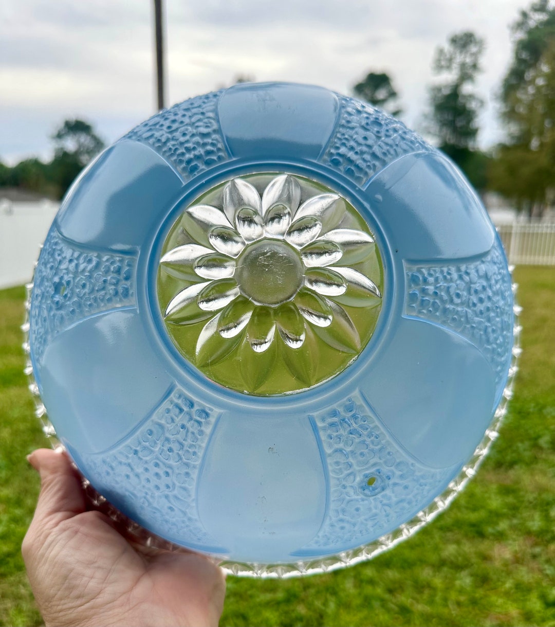 Vintage 1950s Art Nouveau 3 Chain Glass Shade Lighting Fixture - Blue ...