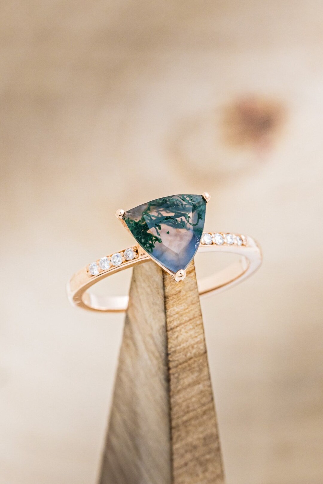 The "piper" - Trillion Cut Moss Agate Engagement Ring With Diamond ...
