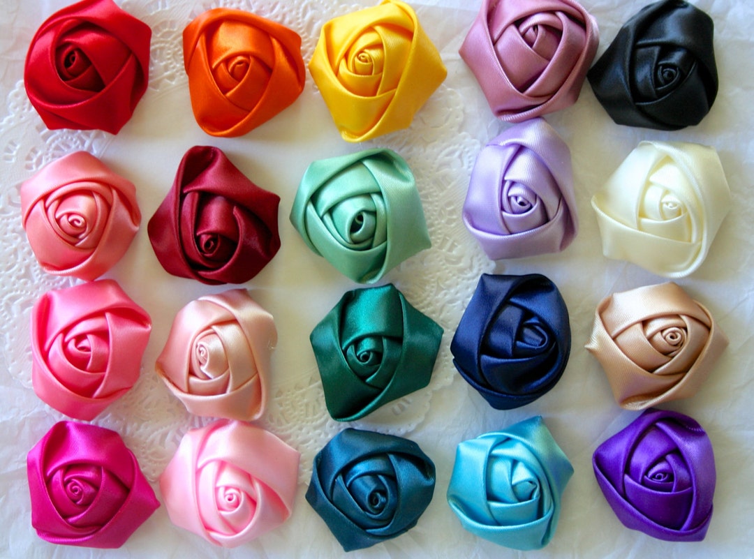 20 Large Satin 40mm Rose Rosettes, Rolled Roses FULL SAMPLER!! - Etsy