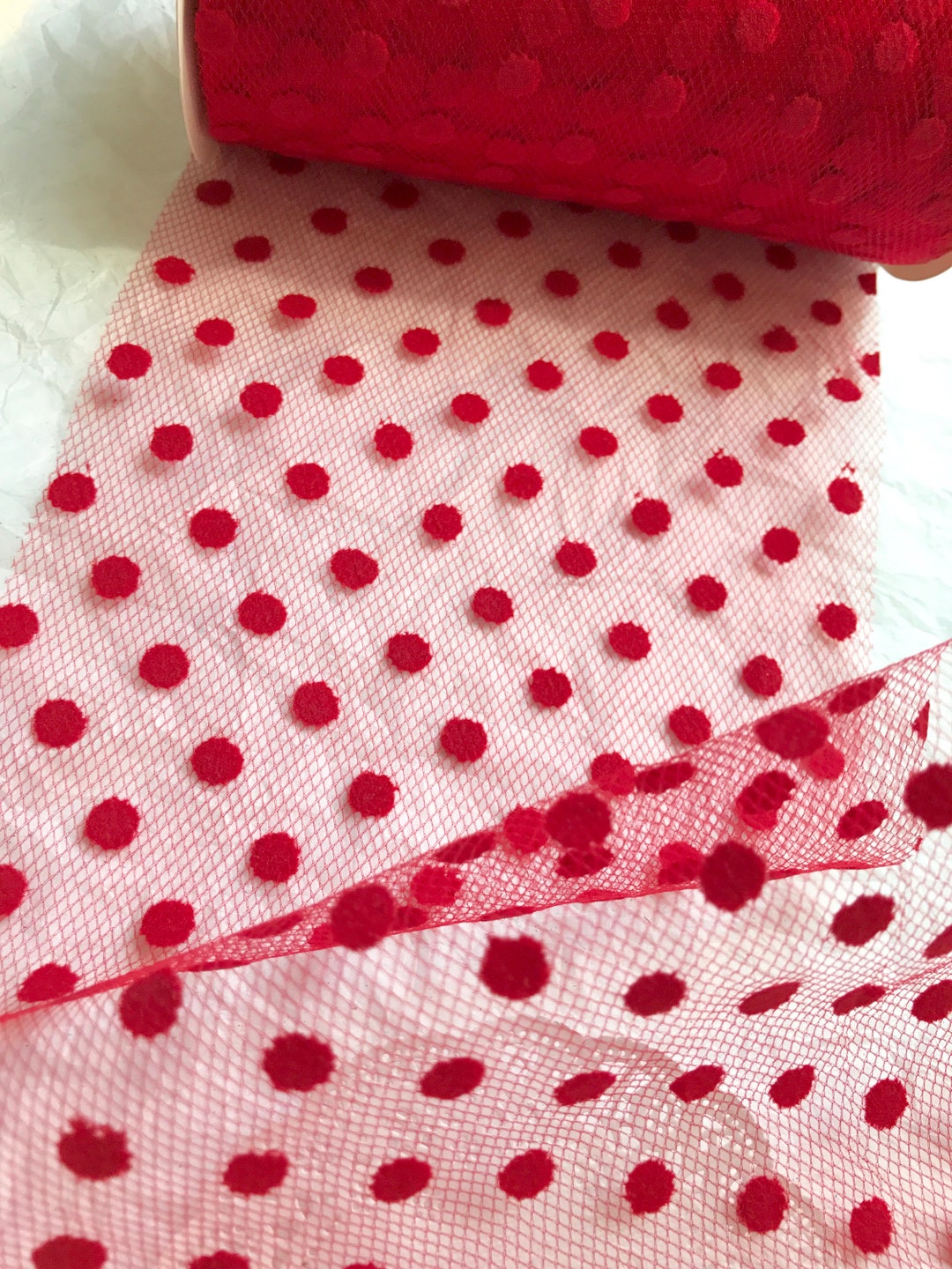 Red Flocked POLKA Dot TULLE Mesh Ribbon - Etsy
