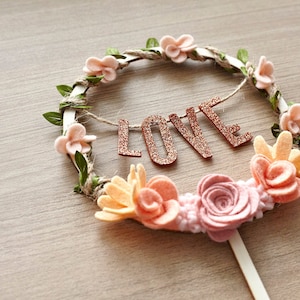 Love CAKE TOPPER - Pink Floral Felt Cake Topper - Flower Cake Topper ...